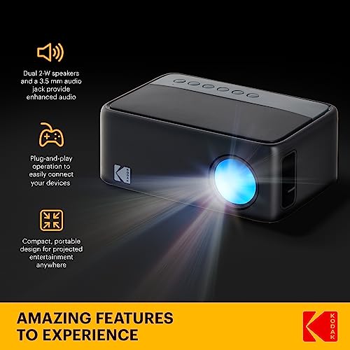 KODAK FLIK X1 Mini Pico Projector | Portable Compact 100β Projector with Remote Control & 2W Speakers Plays Movies, TV Shows & Games | Compatible with HDMI, USB, AV, Smartphone, Firestick Black