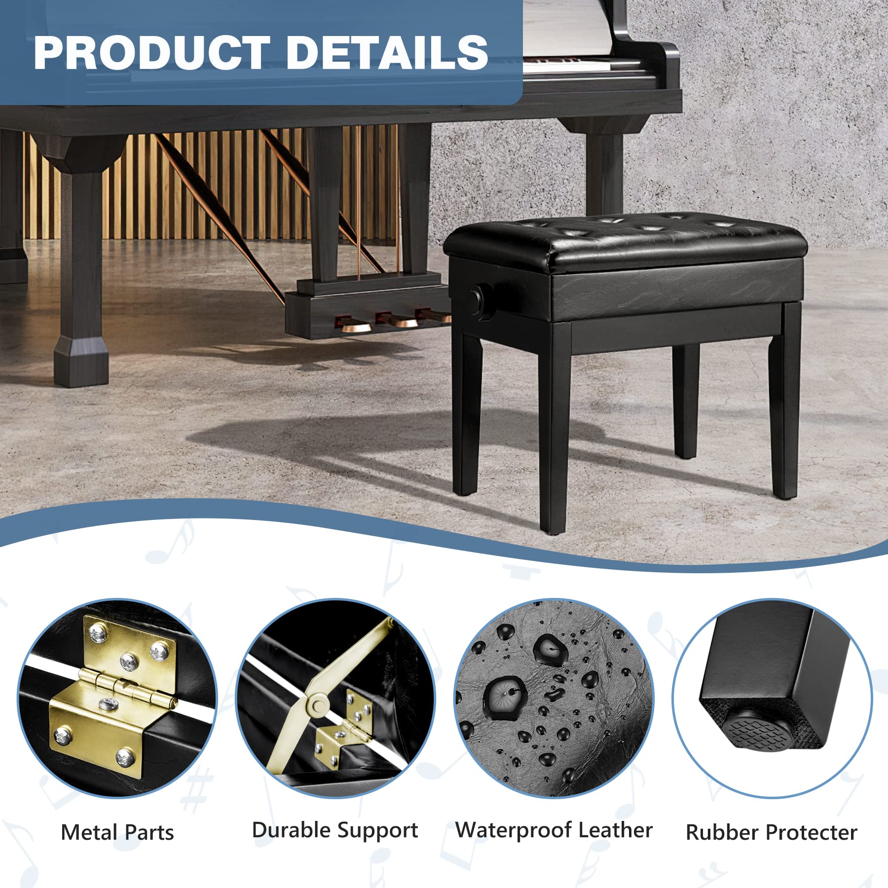 RYNSTO Piano Bench Adjustable with PE Leather High-Density Sponges Pad, Storage Compartment for Music Sheet,Solid Hard Wood Construction,Piano Stool,21.26×13.4×16.7,Weight Capacity 552lbs,Black