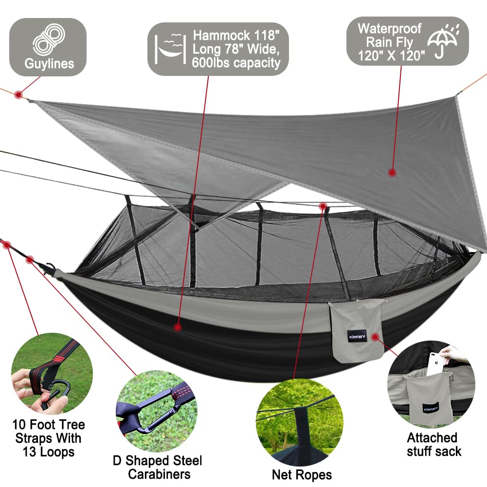 KINFAYV Camping Hammock with Mosquito Net and Rain Fly - Portable Double Hammock with Bug Net and Tent Tarp Heavy Duty Tree Strap, Hammock Tent for Travel Camping Backpacking Hiking Outdoor Camp Black