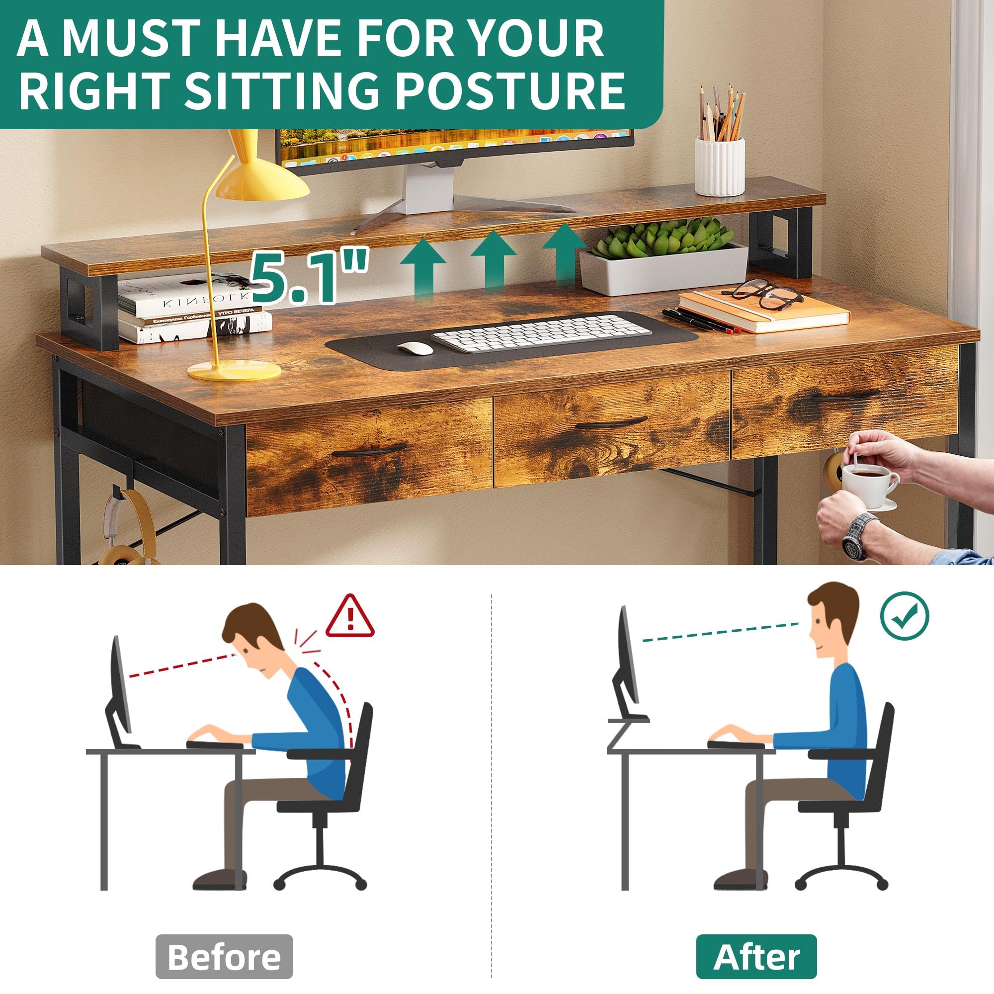 YITAHOME Small Computer Desk with Drawers, Office Desk with Monitor Stand for Small Spaces, Home Office Desks, Writing Desk Study Desk with Hooks, 31.4 x 19.7, Rustic Brown