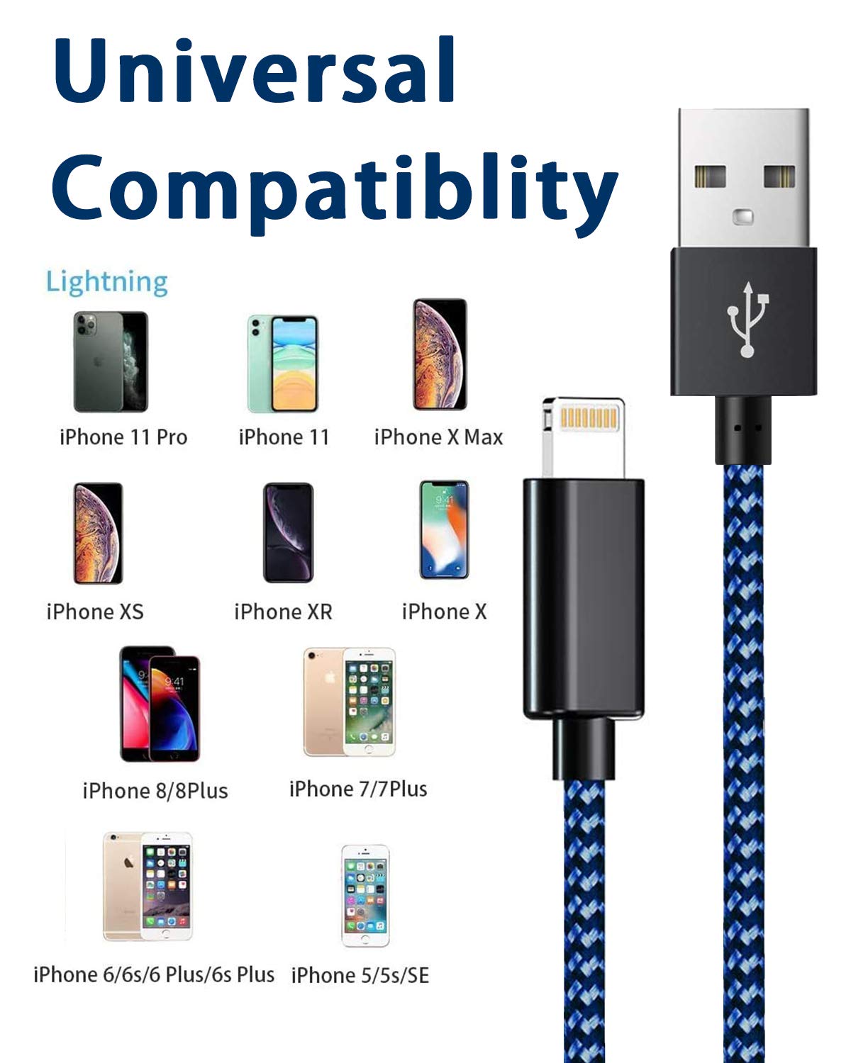iPhone Charger Cable, MFi Certified Lightning Cable 5 Pack Durable High-Speed iPhone Charger USB A Nylon Braided Cord Compatible with iPhone (ROYAL BLUE)