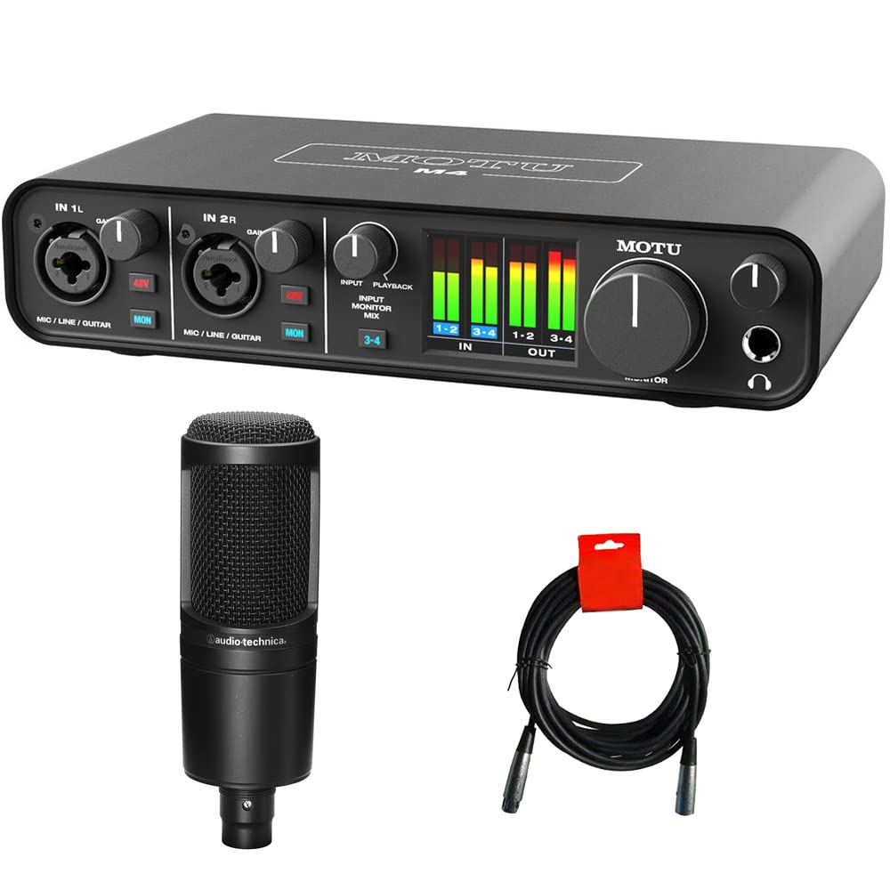 MOTU M4 Desktop 4x4 USB Type-C Audio-MIDI Interface Bundle with Audio-Technica AT2020 Condenser Microphone and 20' XLR-XLR Cable