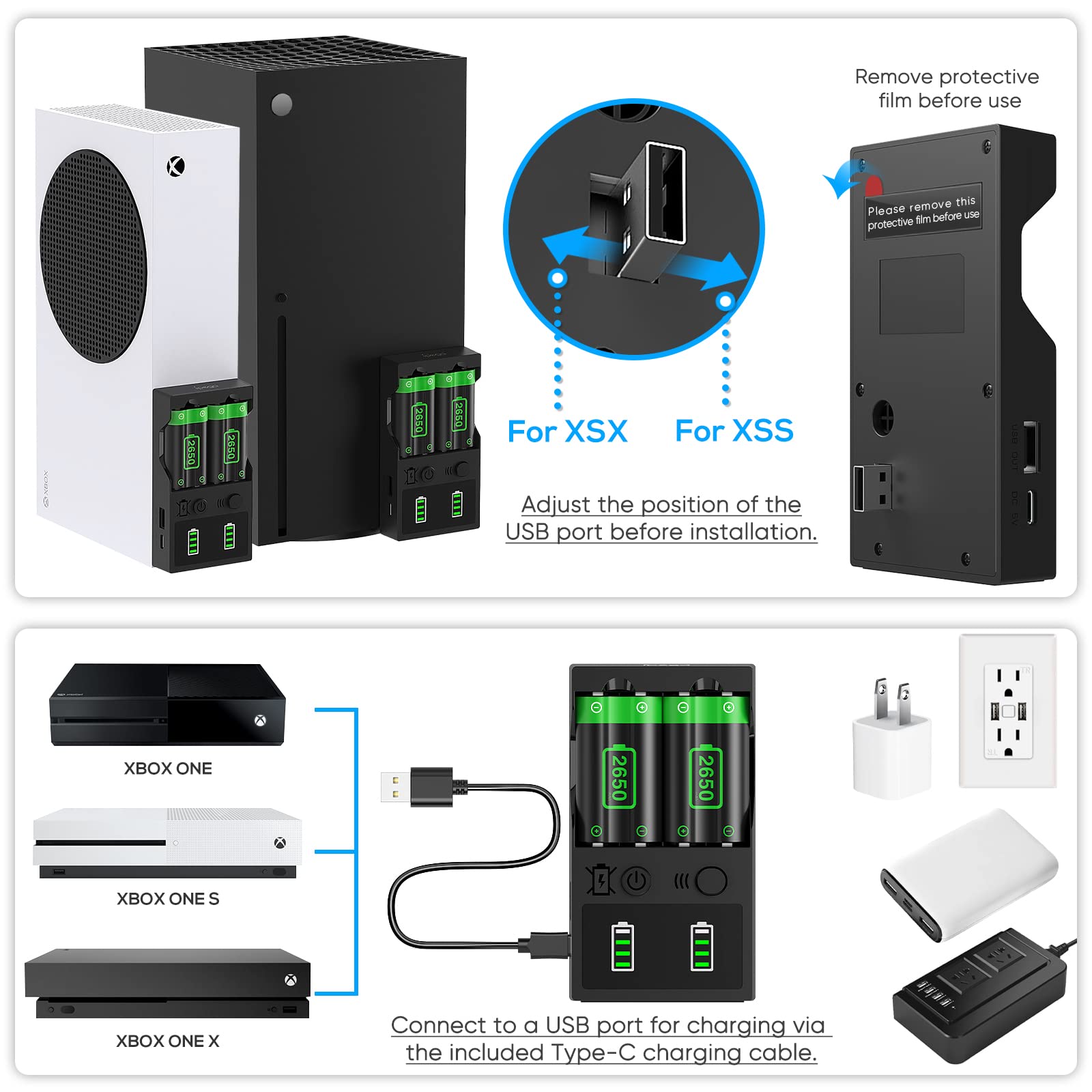 Rechargeable Battery Packs for Xbox Series X/S Controllers, 2 X 2650mAh High Capacity Batteries with charger Stand, 2 in 1 Battery Packs with LED Indicator Charging Accessories for Xbox Series X/S