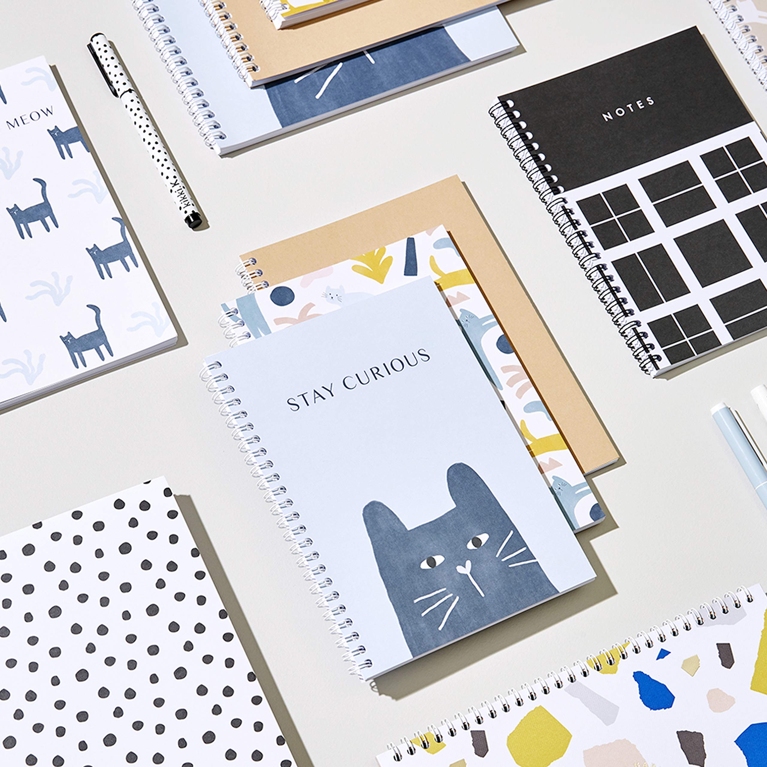 kikki.K Back to School Designer Collection - A5 Spiral Notebook 3Pk Cats Multi, Includes 120 Printed Lined Pages, Features Soft Paper Coverwire-O Binding, Measures 5.91" L x 8.27" W x 0.28" H