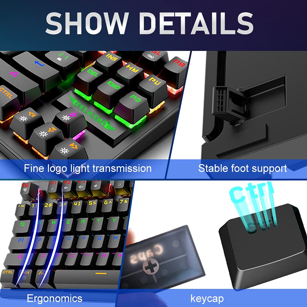 Mechanical Gaming Keyboard and Mouse Combo with Full 88 Key Anti-ghosting Rainbow Backlight Ergonomic Floating Plate 6400DPI Honeycomb Mice USB Wired for PC MAC Gamer Office Typist(Black/Red Switch)
