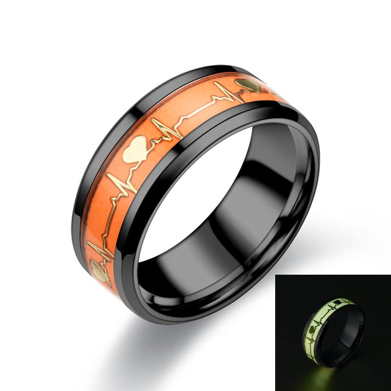 Narica Men's Women's Stainless Steel Dark Luminous Glowing ECG Heartbeat Black Band 8mm Width Engagement Promise Wedding Ring Glow in The Dark 10#