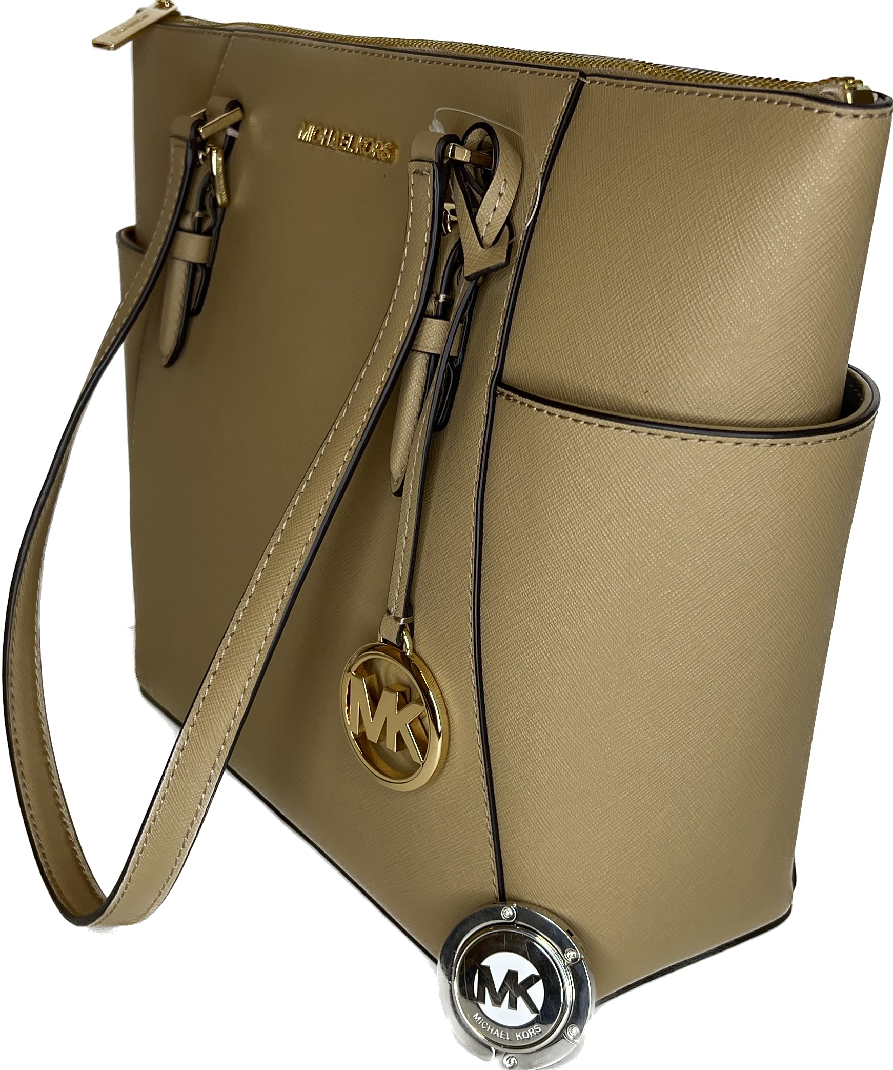 Michael Kors Charlotte Large Zip Tote bundled with matching Continental Wristlet and Purse Hook (Sig MK Mulberry)