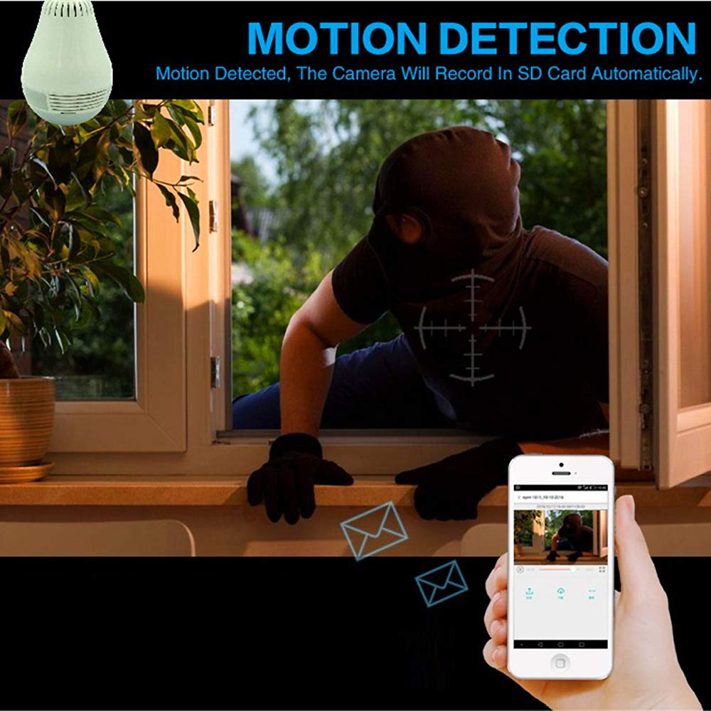 Kopfus WiFi Light Bulb Camera, Smart Bulb Camera, 360 Panoramic Bulb Security Camera with Motion Detection, Floodlight and IR Night Vision, Alert Events Notification, Cloud, V380 App&PC Software/B8
