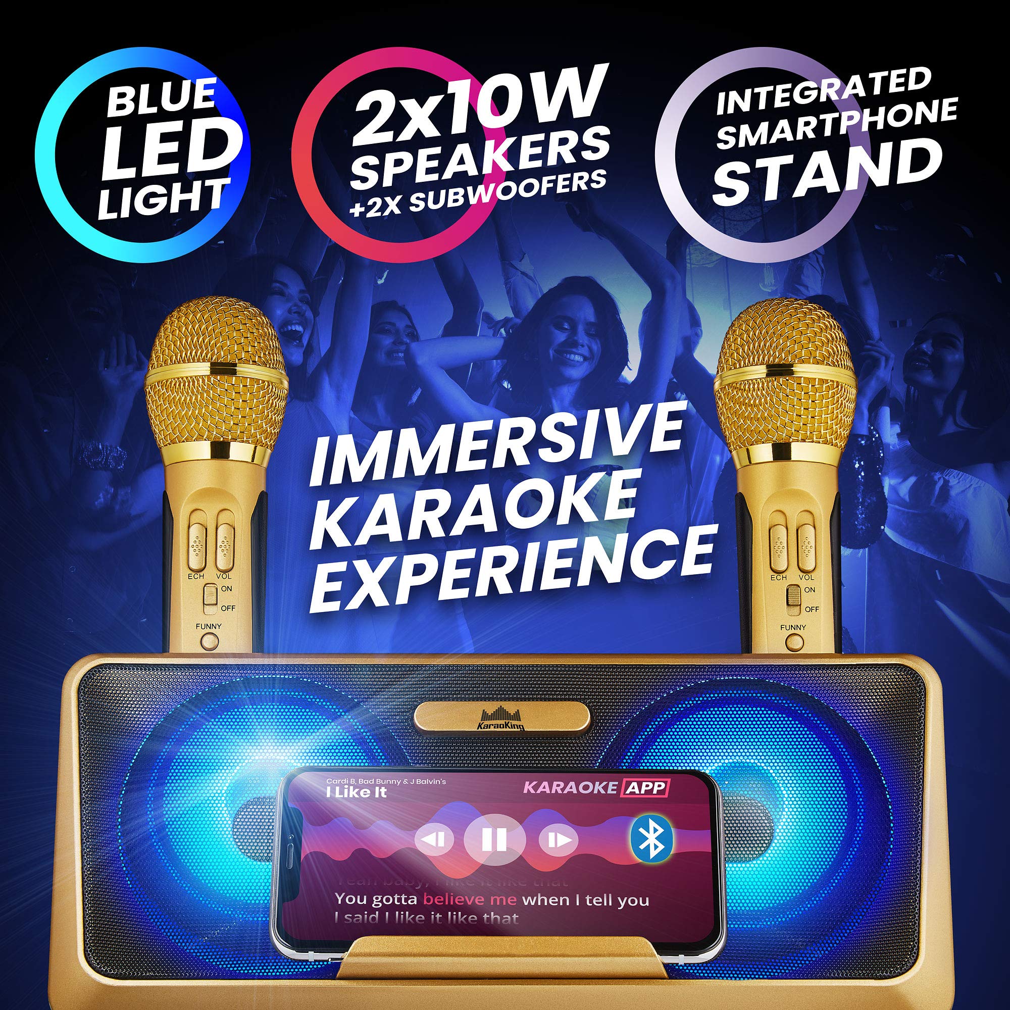 KaraoKing New 2020 Karaoke Machine – for Adults and Kids – 2 Wireless Karaoke Microphone, SD Card, USB, Bluetooth Compatible, LED Lights – Home, Bachelor Party, Picnic, Outdoor/Indoor [G301 Gold]
