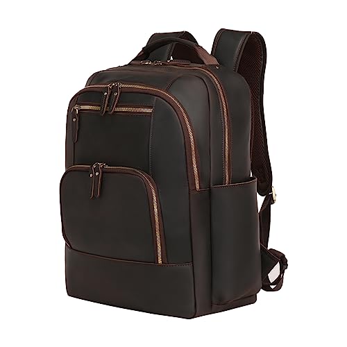 ZHYOL Men's Leather Backpack 17.3 Inch Laptop Backpack Genuine Leather Casual Travel Daypack Hiking Travel Bag Camping Rucksack