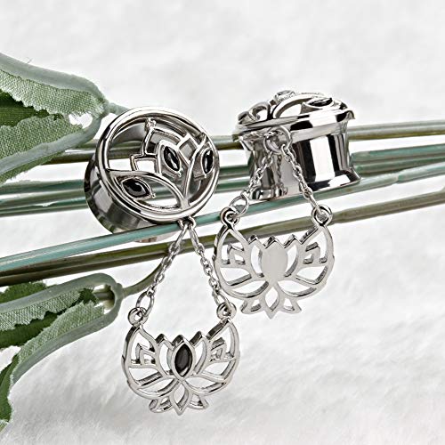 KUBOOZ 1 Pair Lotus Pendant Stainless Steel Screw Ear Plugs Tunnels Gauges Stretcher Piercings 00g