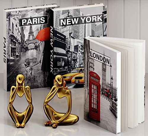 TIZZODA Set of 5 Pieces Designer Decorative Books for Home Decor and Gold Decor Accents Figurines, 3 Decor Books for Bookshelf Decor / 2 Gold Shelf Decor Accents Statues, Stylish Modern Decor Book