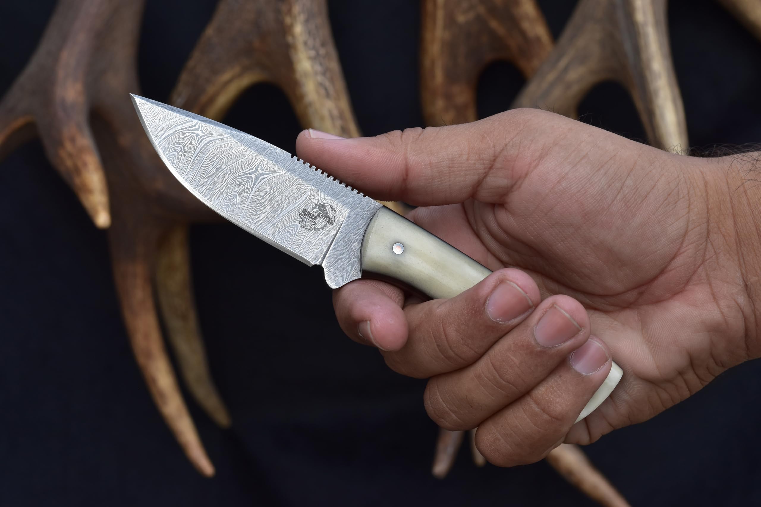 Knives Ranch Fixed Blade Hunting Knife - Full Tang EDC Knife - Damascus Skinning Knife - Bone Handle and Heavy Duty Horizontal Carry Sheath Snug Fit (4402-B)