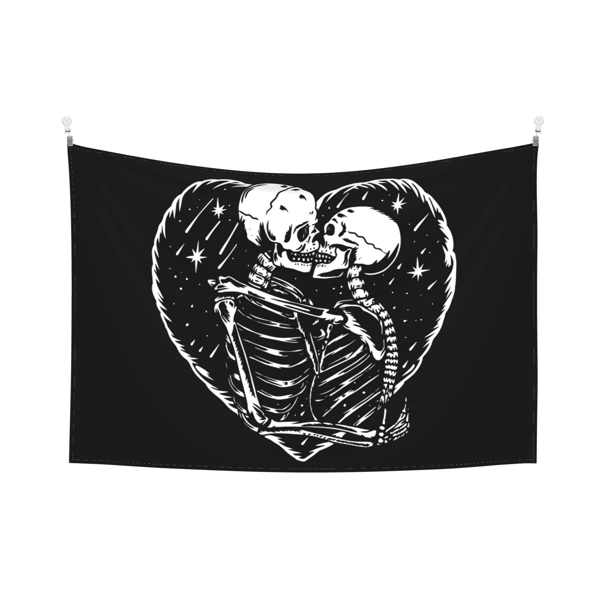 Monond Art Poster Tapestry Skull Skeleton Love Kissing Black Wall Hanging Boho Studio Room Decoration Curtain Handicrafts Trippy Small Tapestries 60"×40" for Wall Balcony Decor