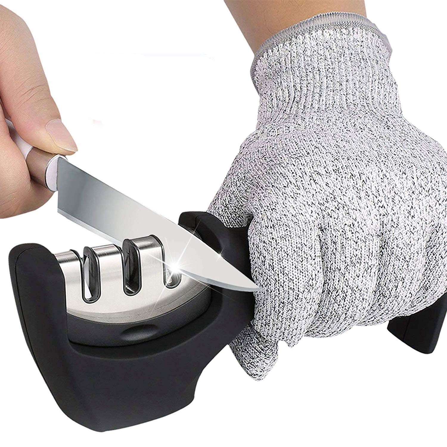 Knife Sharpener - Kitchen 3-stage Knife Sharpening System Professional Knives Tool for Chef Helps Restore Sharp Edges V-shape - Cut-Resistant Glove Included - Black
