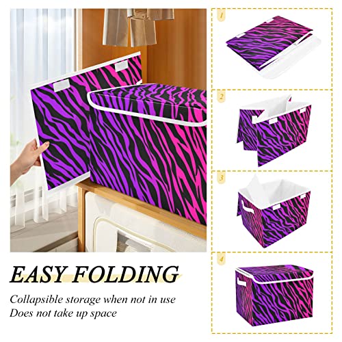 xigua Zebra Print Wallpaper Storage Bins with Lids Foldable Large Cube Storage Boxes with Handles for Home Bedroom Closet Office (16.5x12.6x11.8 in)