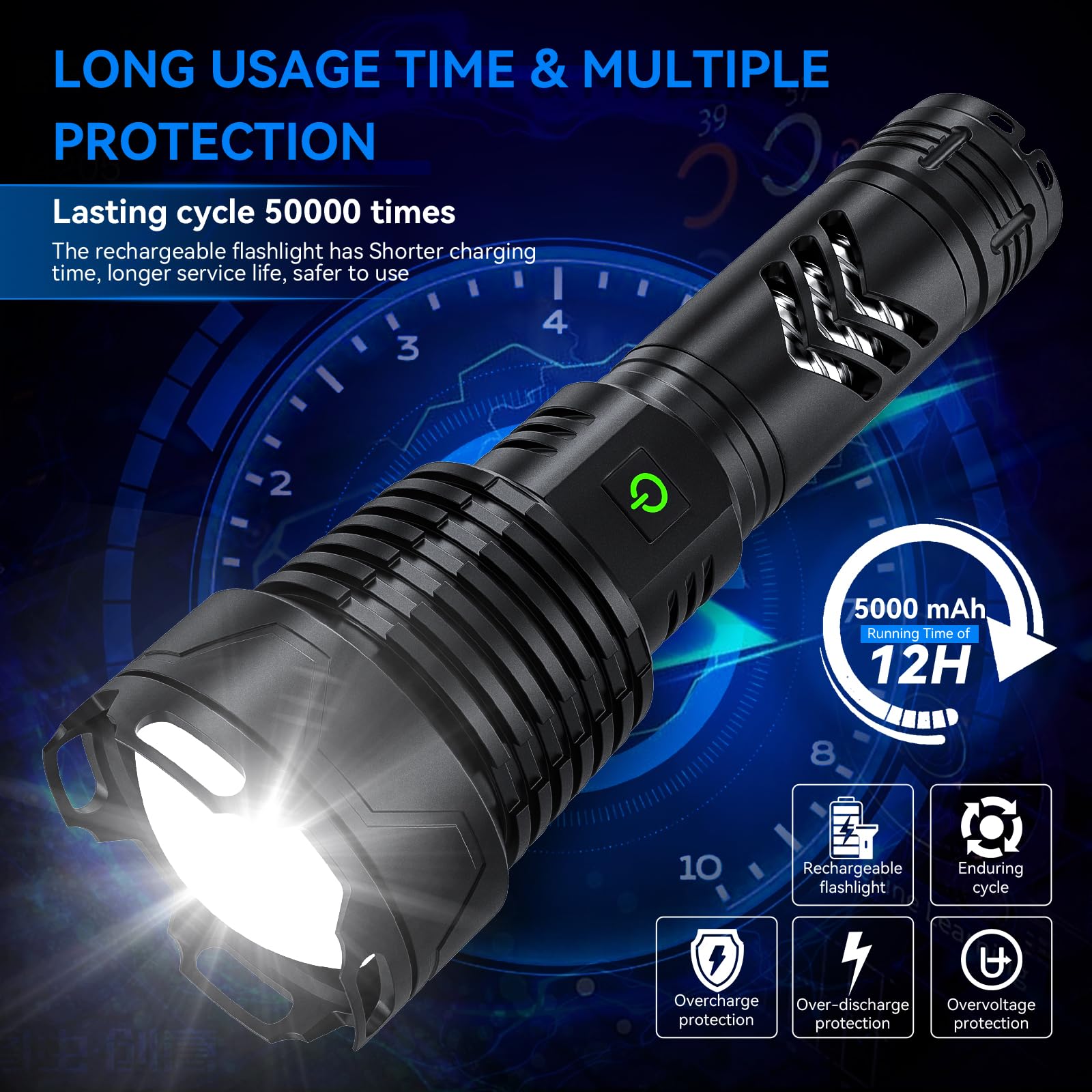KINGCAESAR Rechargeable Flashlights High Lumens, 250000 Lumens Super Bright Flash Light, 5 Modes with Long Runtime, Waterproof, Handheld Powerful LED Flashlight for Hu∩ting, Camping, Gift