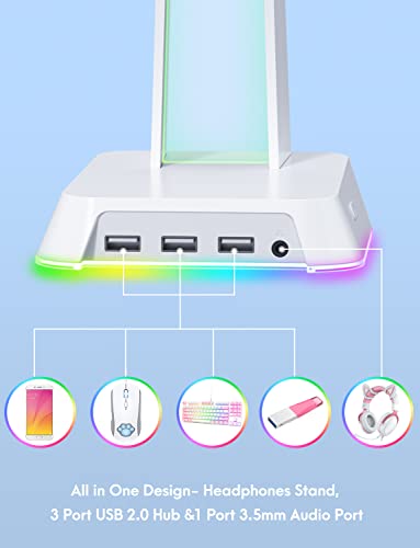 PHNIXGAM RGB Headphone Stand with 3.5mm AUX and 3 Port USB 2.0 Hub, Universal Gaming Headset Hanger Holder for Computer Gaming Gamer Accessories (White)