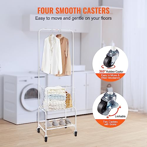 VEVOR Metal Rolling Laundry Basket with Hanging Garment Rack, Laundry Hamper Cart Adjustable Height with Basket Load and Shelf Load, Storage Organizer with Heavy Duty Lockable Wheels