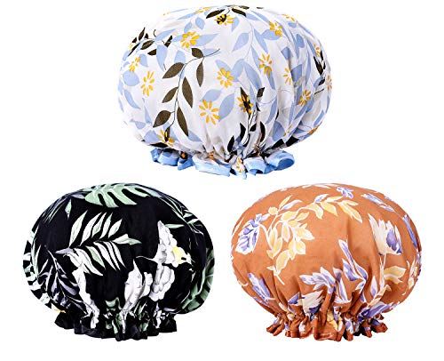 Joemoon Long Hair Shower Cap Women Leaf Fabric Eco Waterproof Lined Reusable Washable 3 Pack