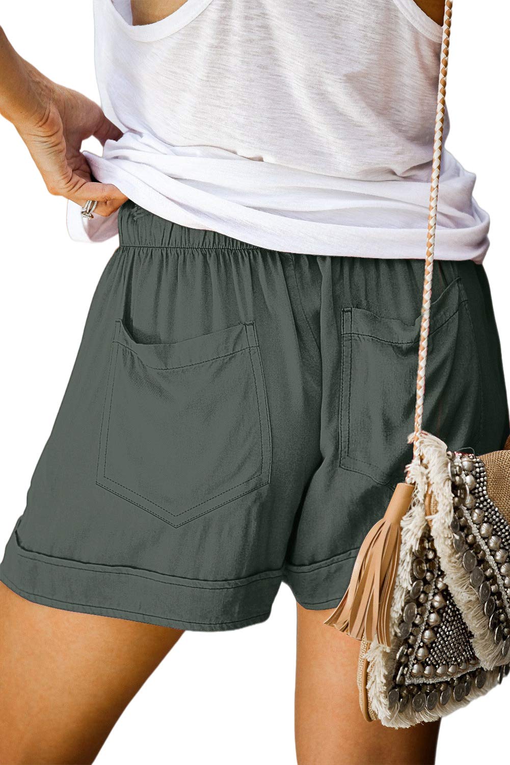 KISSMODA Women's Casual Shorts Solid Color Elastic Waist Drawstring Pockets Short Lounge Pants