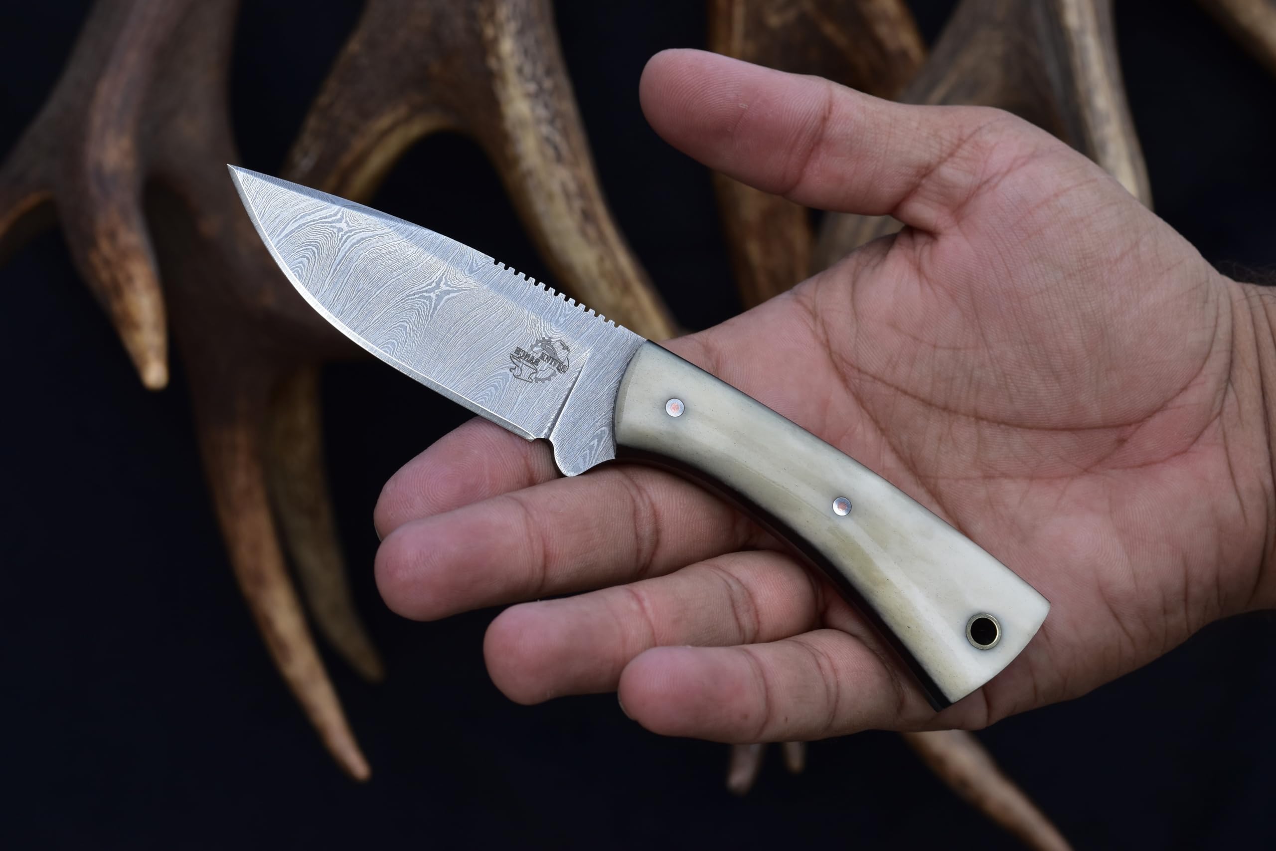 Knives Ranch Fixed Blade Hunting Knife - Full Tang EDC Knife - Damascus Skinning Knife - Bone Handle and Heavy Duty Horizontal Carry Sheath Snug Fit (4402-B)