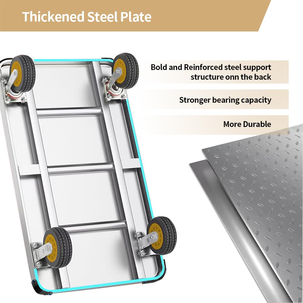 Platform Truck, Folding Push Dolly Cart with Rubber Mat, 2200lbs Capacity, Heavy Duty Flatbed Moving Cart with 6'' 360° Swivel Wheels(41‘’×25'')