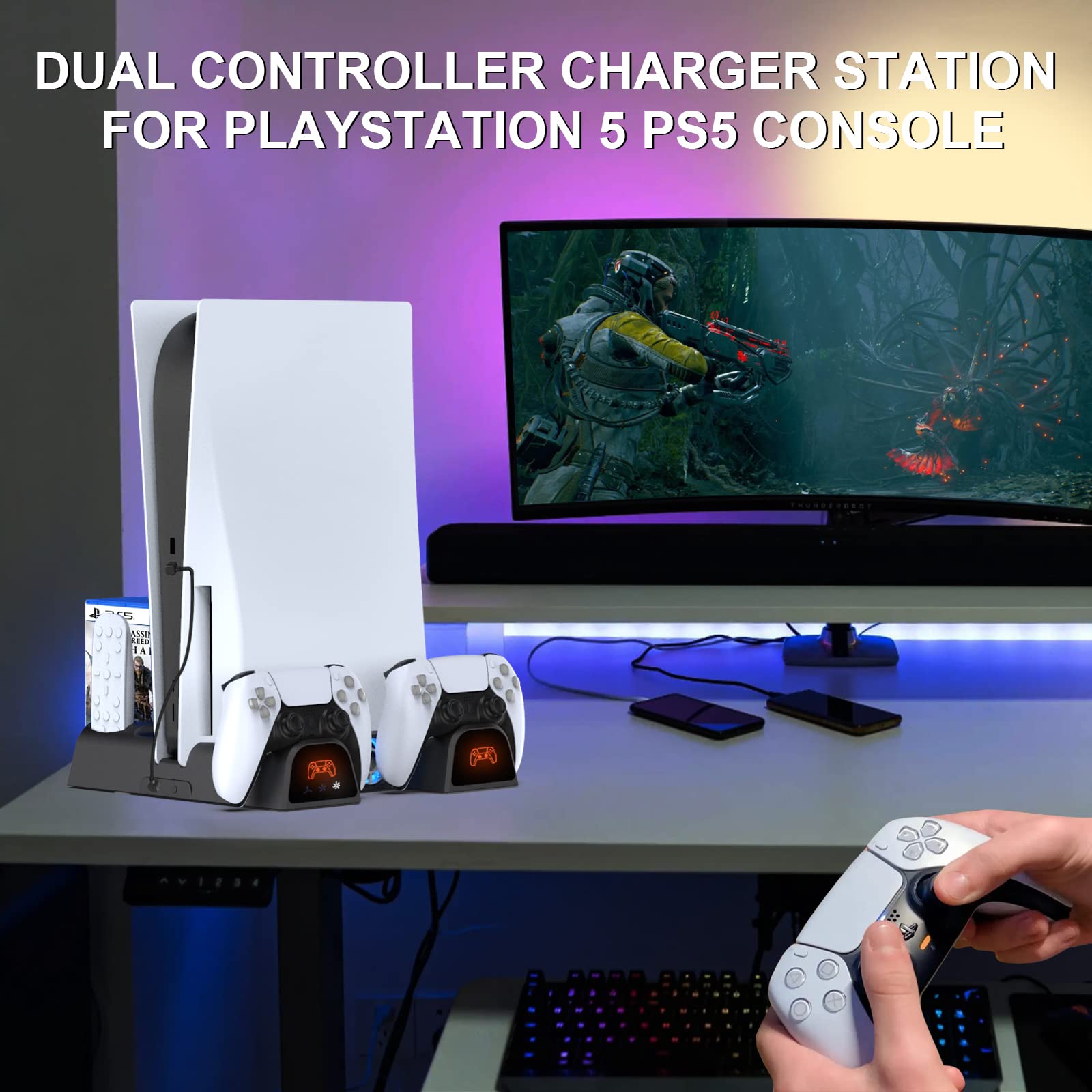 PS5 Stand with Cooling Station and Controller Charger PlayStation 5 Dual Controller Charger Station for PS5 Console with 3 Levels Adjustable Fans Speed and USB Ports 11 Games Storage