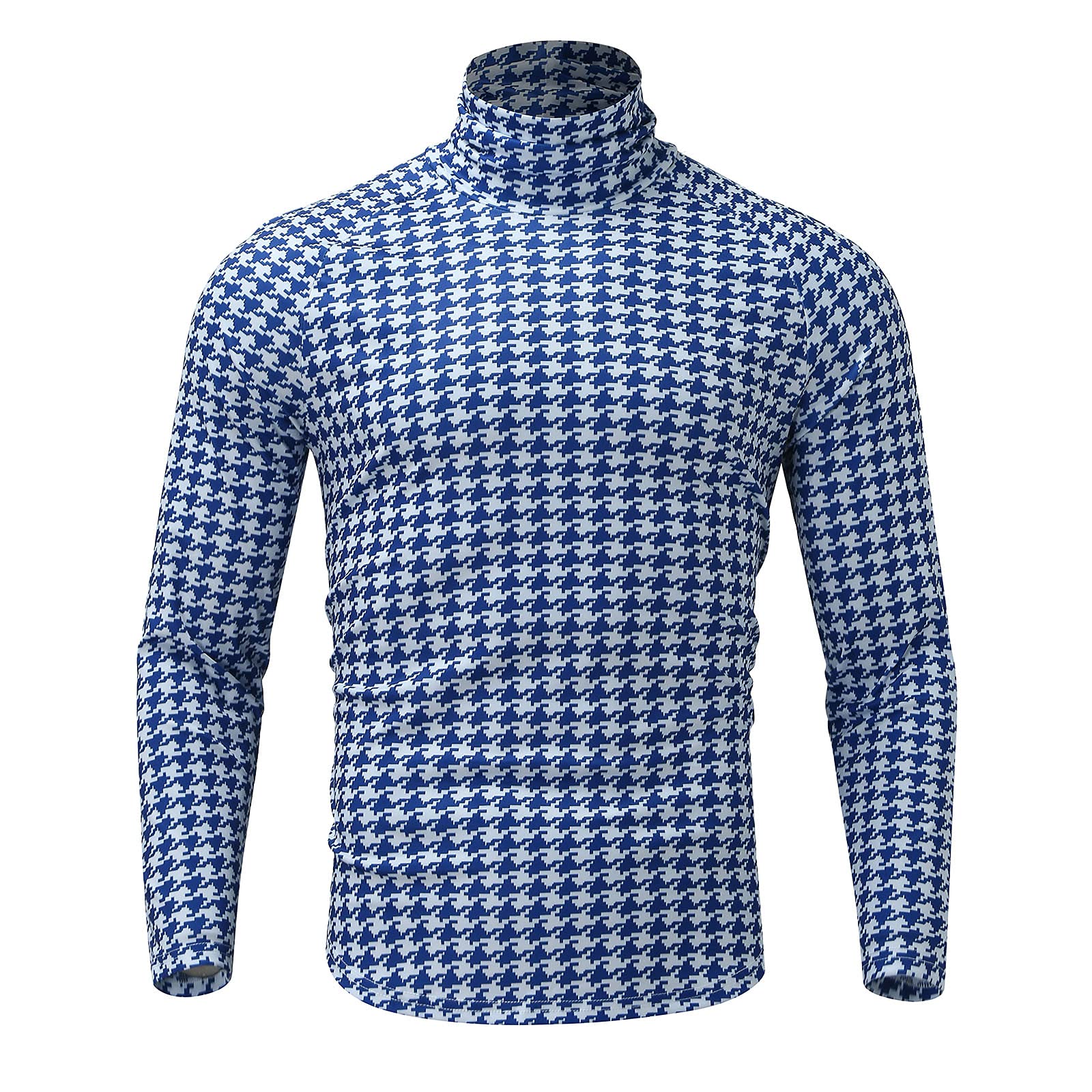 Mens Slim Fit Turtleneck T Shirt Check Houndstooth Lightweight Winter Long Sleeve Warm Underwear Tunic Top(Blue,X-Large)