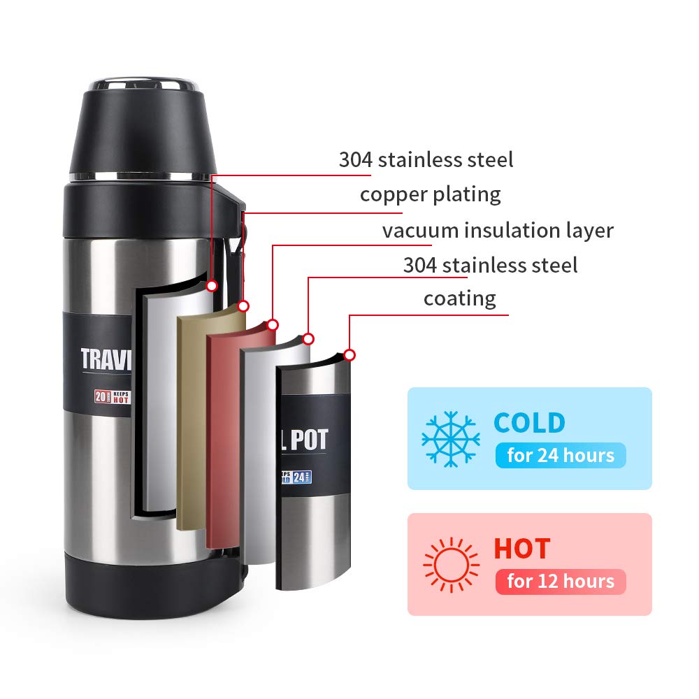MUCR Stainless Steel Thermoses with Cup β 53 oz Double-Wall Vacuum Insulated Water Bottle for Travel β Large Coffee Thermoses with Handle β Keeps Liquid Hot or Cold, Leak Resistant,Silver