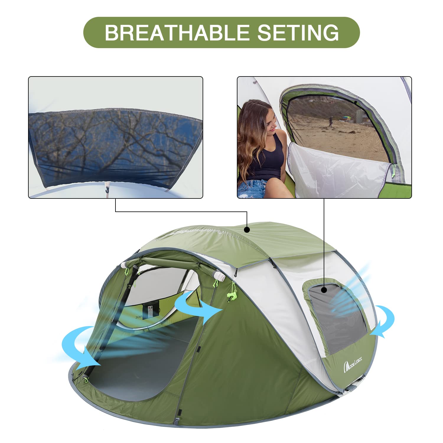 Moon Lence Pop up Tent 4 Person Camping Tent Waterproof Tent 3 Ventilated Mesh Windows,2 Big Doors Instant Tent for Family Easy Setup