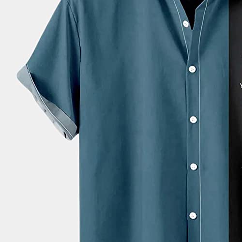 Mens Slim-Fit Blouses V-Neck Casual Printing Vacation Beach Shirts Short-Sleeved Button Down Open Front Tops Blue