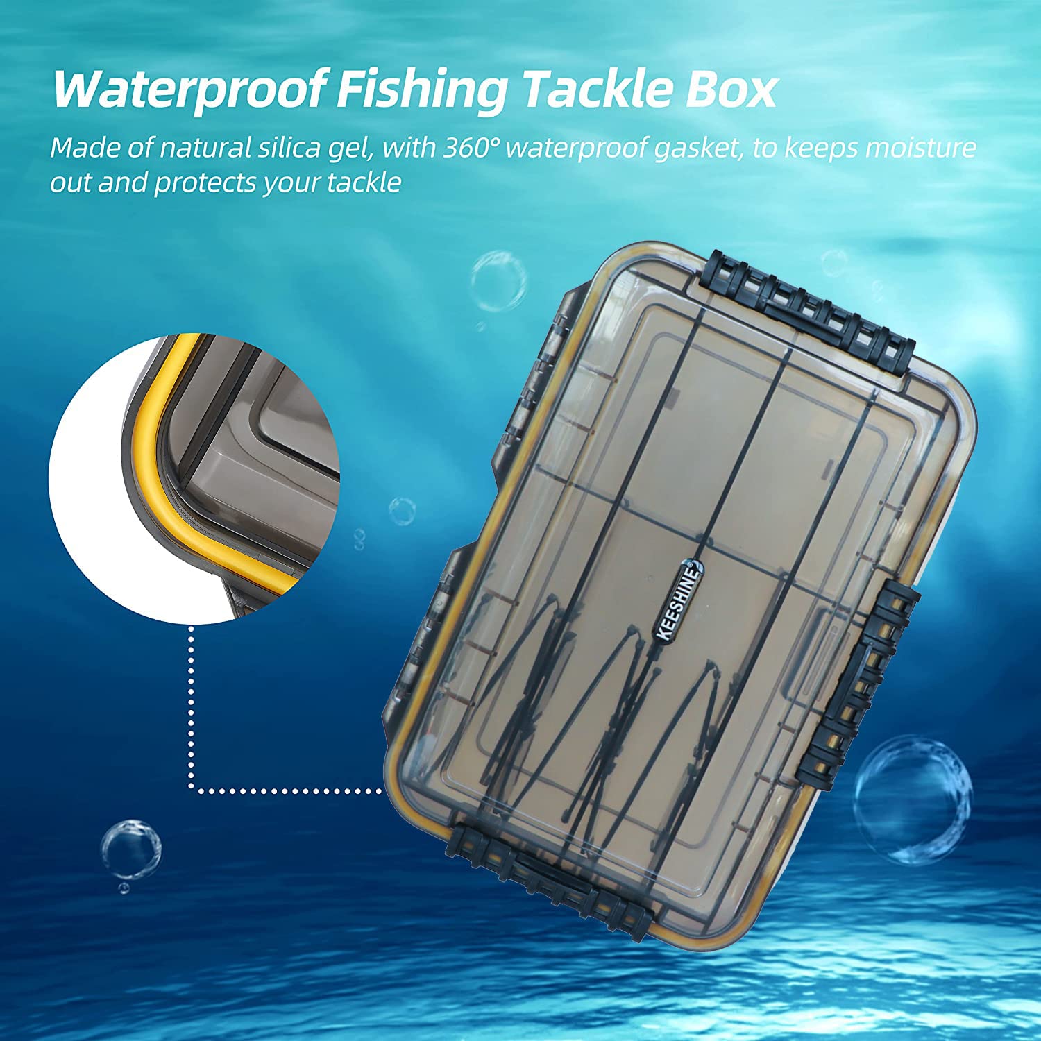 KEESHINE Waterproof Fishing Tackle Box, 3600 Tray Organizer with Adjustable Dividers,Sun Protection, Thicker Frame