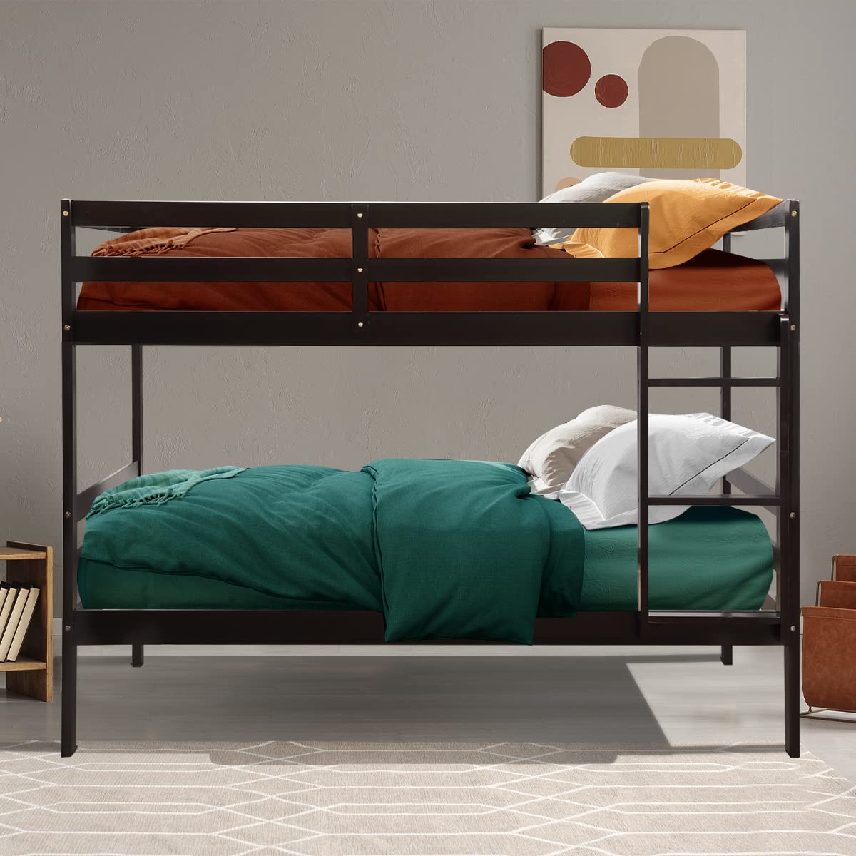 KOTEK Twin Bunk Bed, Solid Wood Twin Over Twin Bunk Bed Frame for Kids Teens, Children Bunk Beds with Ladder & High Guardrails (White)