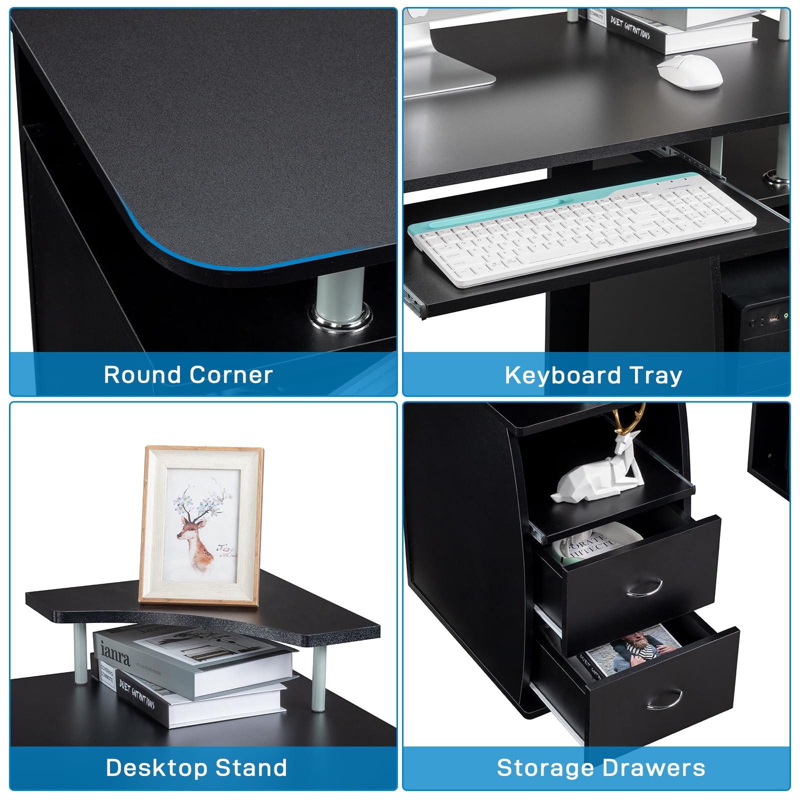 Karl home Computer Desk with 2 Drawers, Wooden Home Office Desk Writing Study Desk with Open Shelves and Keyboard Tray Black