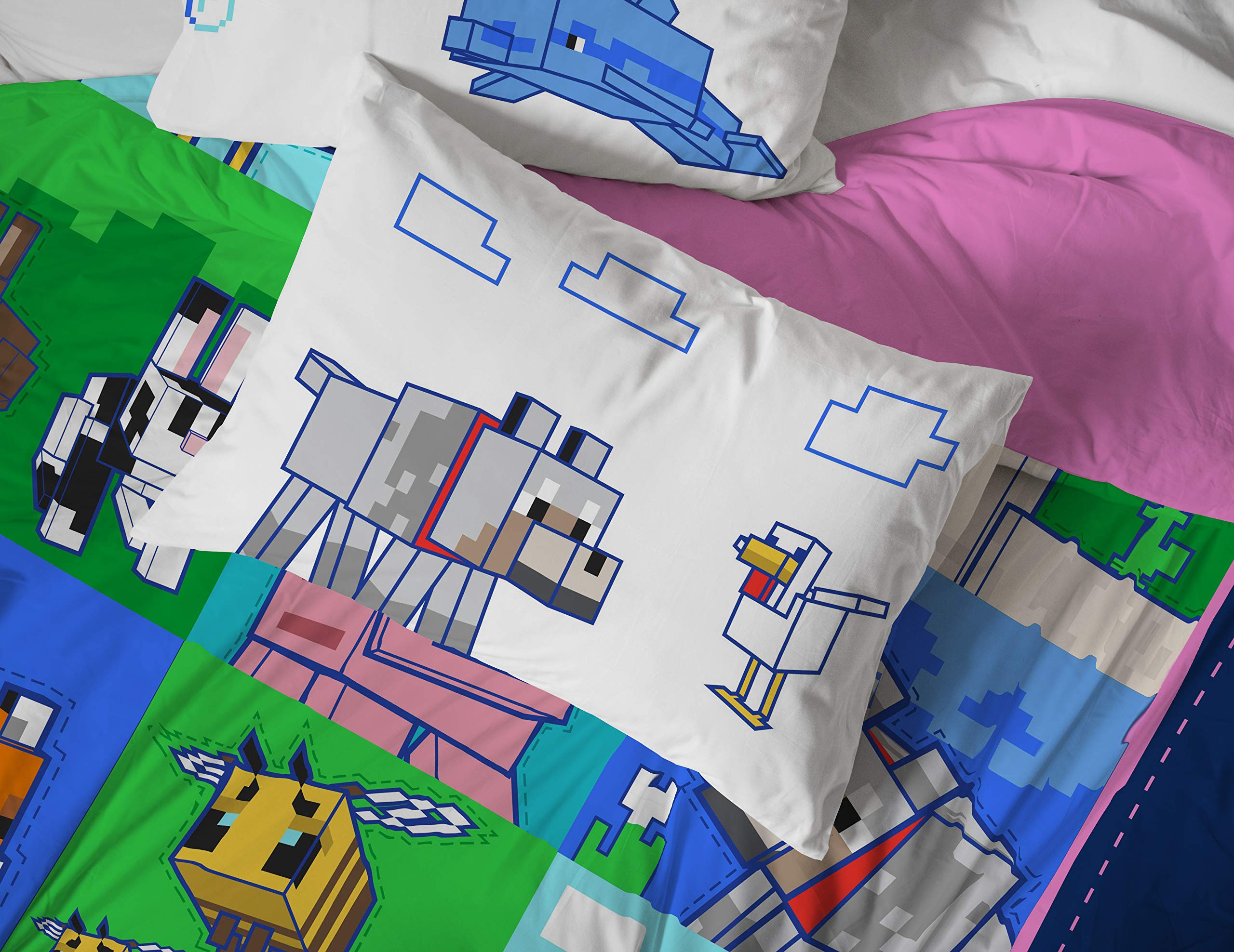 Jay Franco Minecraft Animal Patch Queen Sheet Set - 4 Piece Set Super Soft and Cozy Kid’s Bedding - Fade Resistant Microfiber Sheets (Official Minecraft Product)