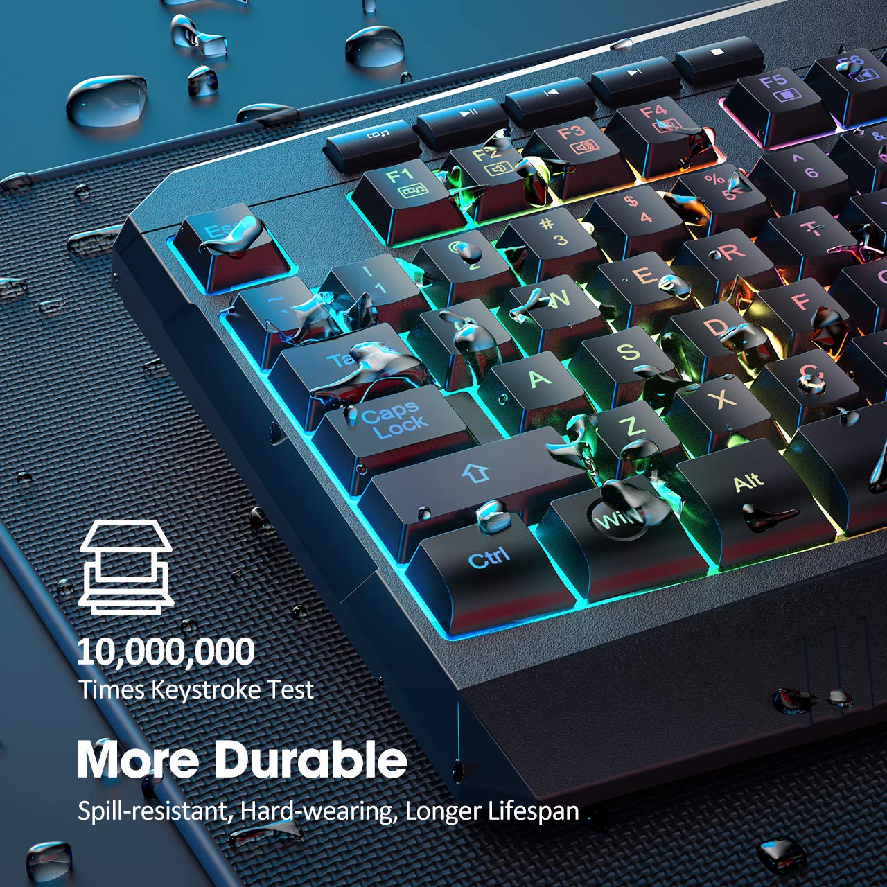 Membrane Gaming Keyboard, YoChic Rainbow LED Backlit Quiet USB Wired 104 Silent Keys, Crater Architecture, 25 Anti-Ghosting Spill-Resistant Computer Keyboard for Desktop, Computer, PC, Black