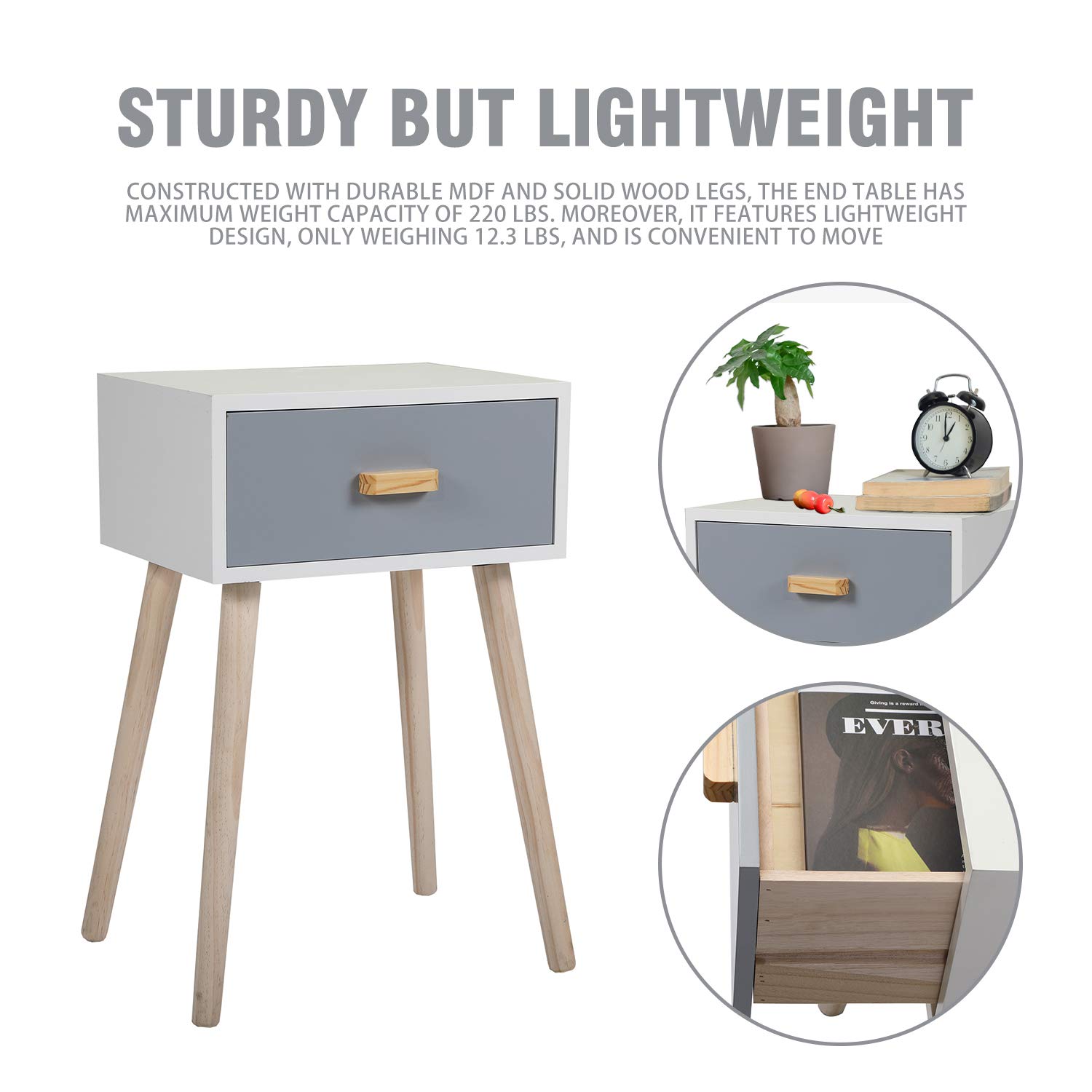 JAXSUNNY Set of 2 Mid-Century Wood Nightstand Side End Table with Storage Drawer and Solid Wood Legs, Bedside Table for Home Furniture,White+Silver Blue Pearl
