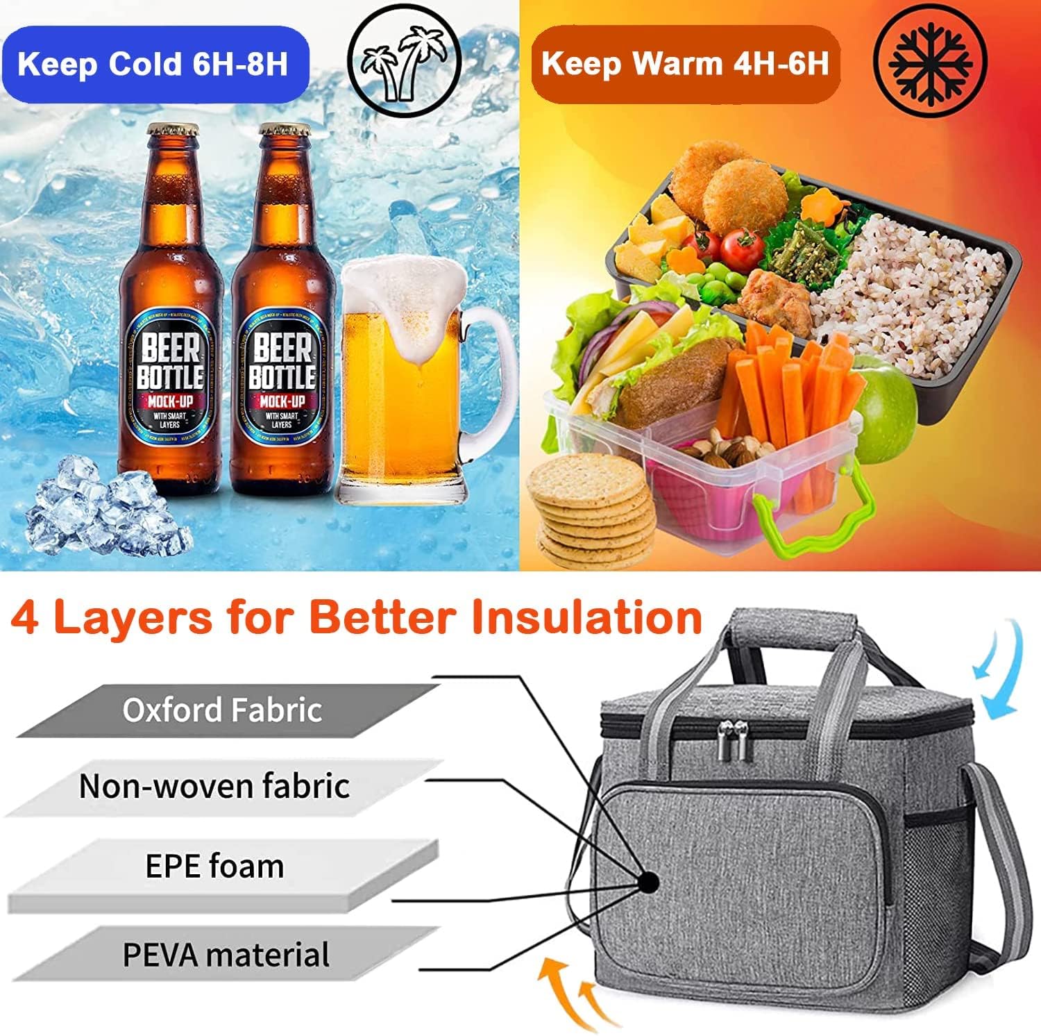 Insulated Cooler Bag for 24Can (14L) Reusable Thermal Bag Leakproof Freezable Cooler Bag Organizer with Adjustable Shoulder Strap for Women Men Office Work Picnic Hiking Beach, Grey