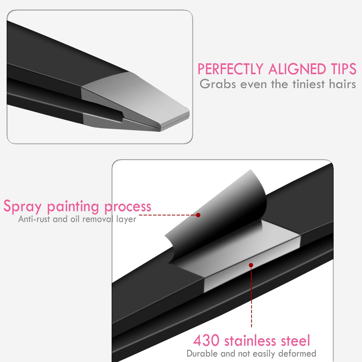 KINGMAS 5 Pcs Eyebrow Tweezers Set, Stainless Steel Brow Tweezer Scissors Set with Travel Case for Brow Facial/Ingrown Hair, Splinter (Black)