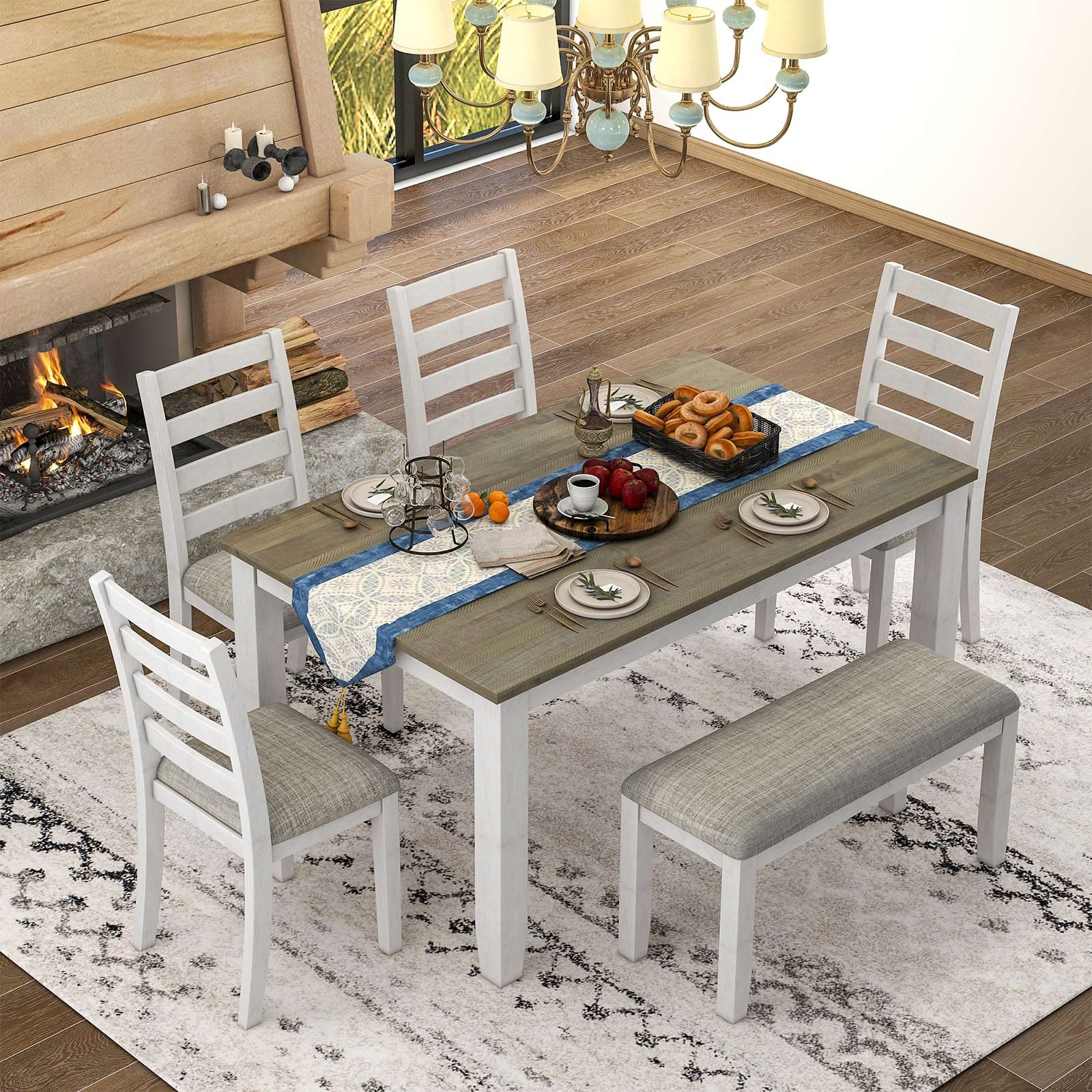 KASUE Rustic-Style 6-Piece Dining Table Set with 4 Upholstered Chairs, Bench, and 60'' Rectangular Table - Brown & Whitewash Finish