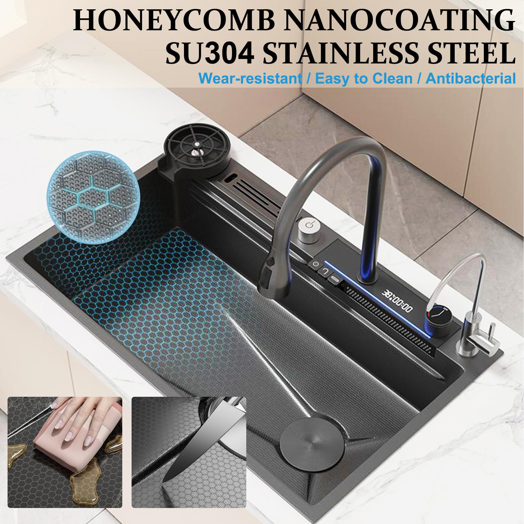 Kitchen Sink Black Stainless Steel Workstation Sink Upgraded Honeycomb Nano Waterfall Sink Drop-In with Patented Pull-out Faucet & LED TEMP Display Undermount Sink with Cup Washer, Water Fil1 (29.5in)
