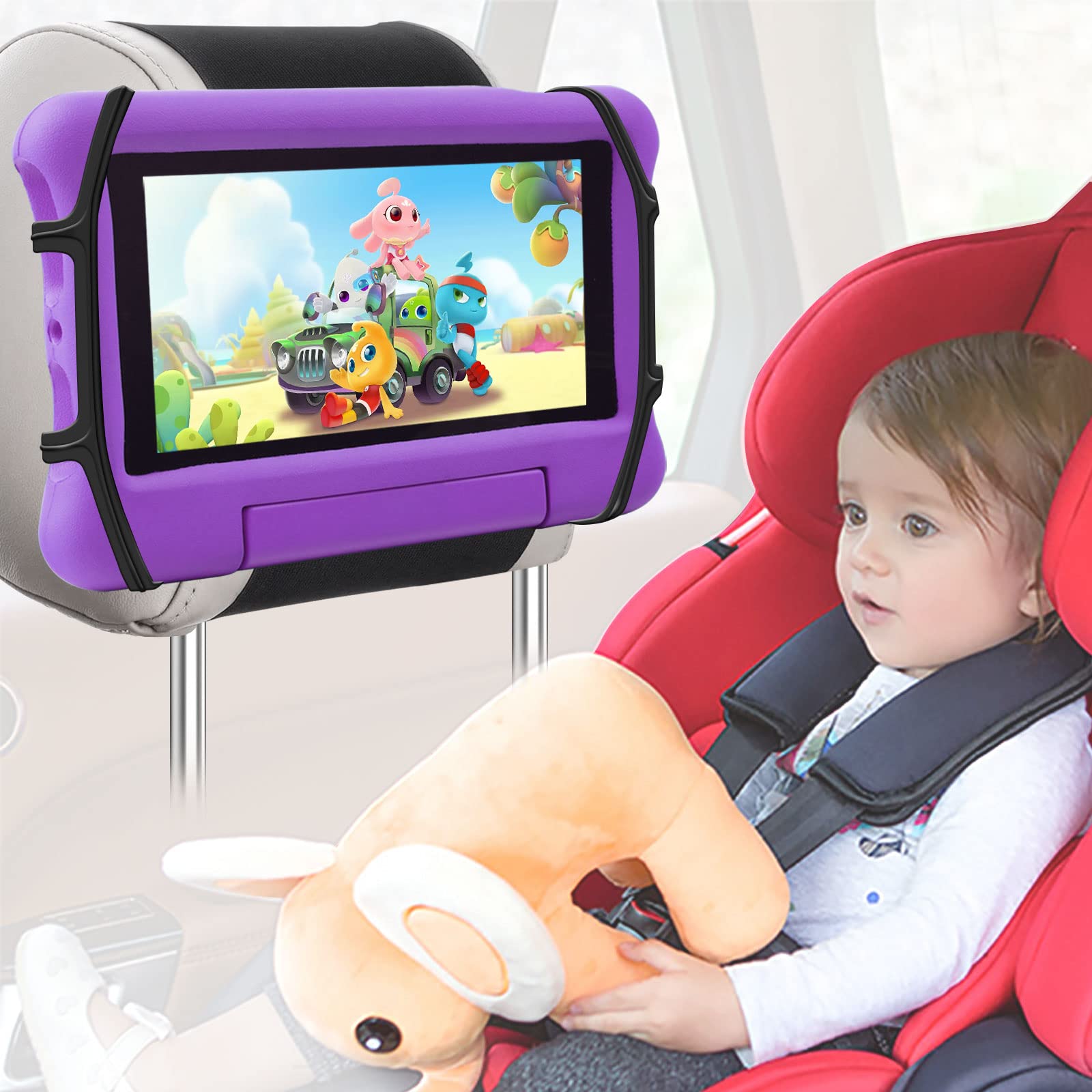 LONANDY Tablet Holder for Car, iPad Holder for Car Backseat Kids, Headrest Tablet Holder with Anti-Slip Strap & Silicone Holding Net, Angle-Adjustable/Fits All 7-12.9" Tablets