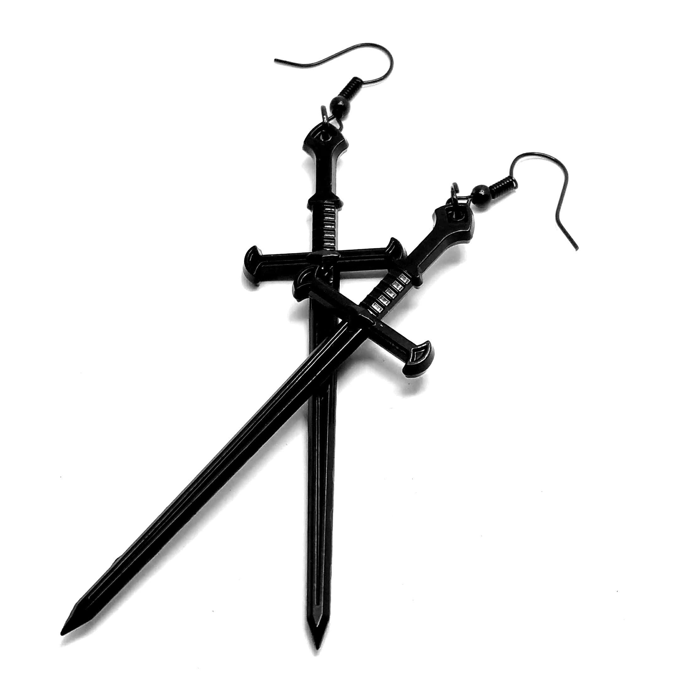 Long Black Enameled Metal Sword Drop Earrings