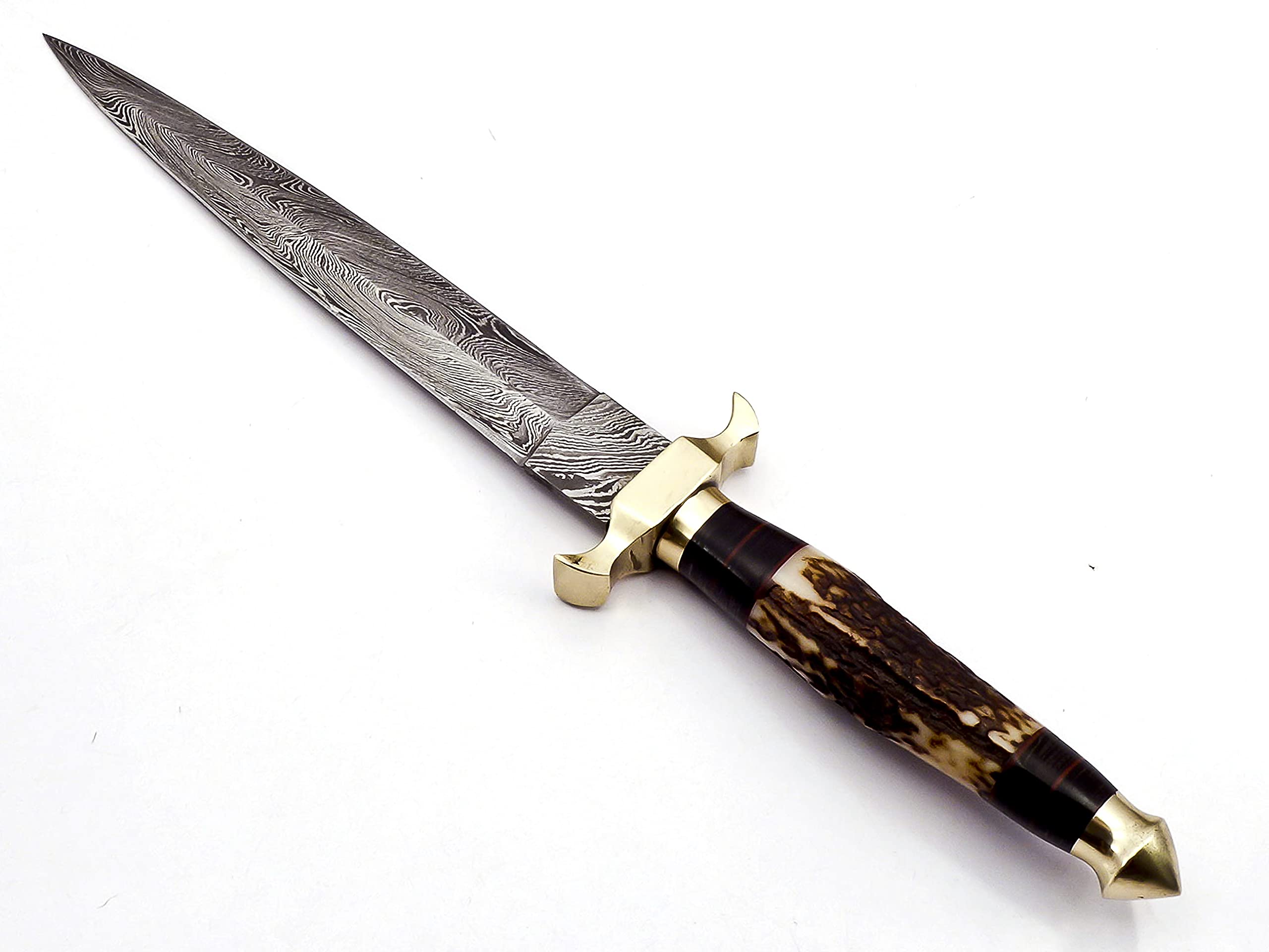Mid American Cutlery Damascus Steel Fixed Blade Knife With Stag Antler Brass Pommel And Guard