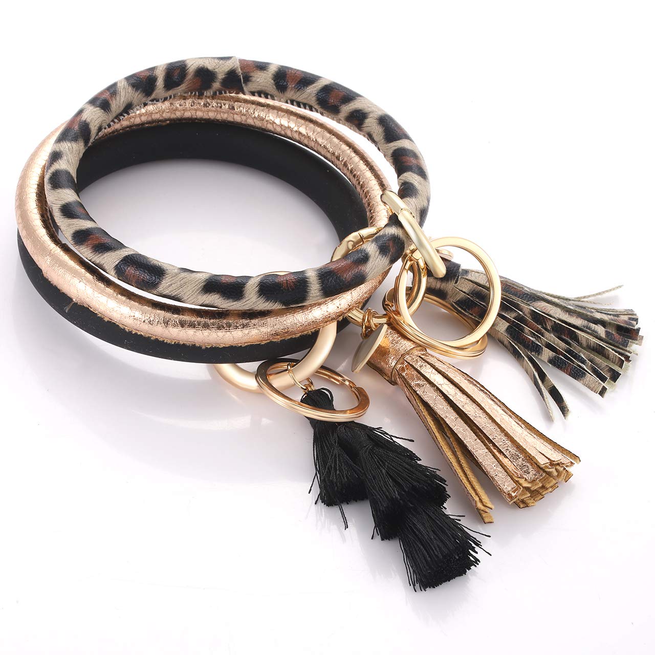 HZEYN Wristlet Bangle Key Ring Bracelet for Women Leather Keyring Bracelet Key Chains with Tassel Wristlet Bangles(Leopard Black Rose gold style)