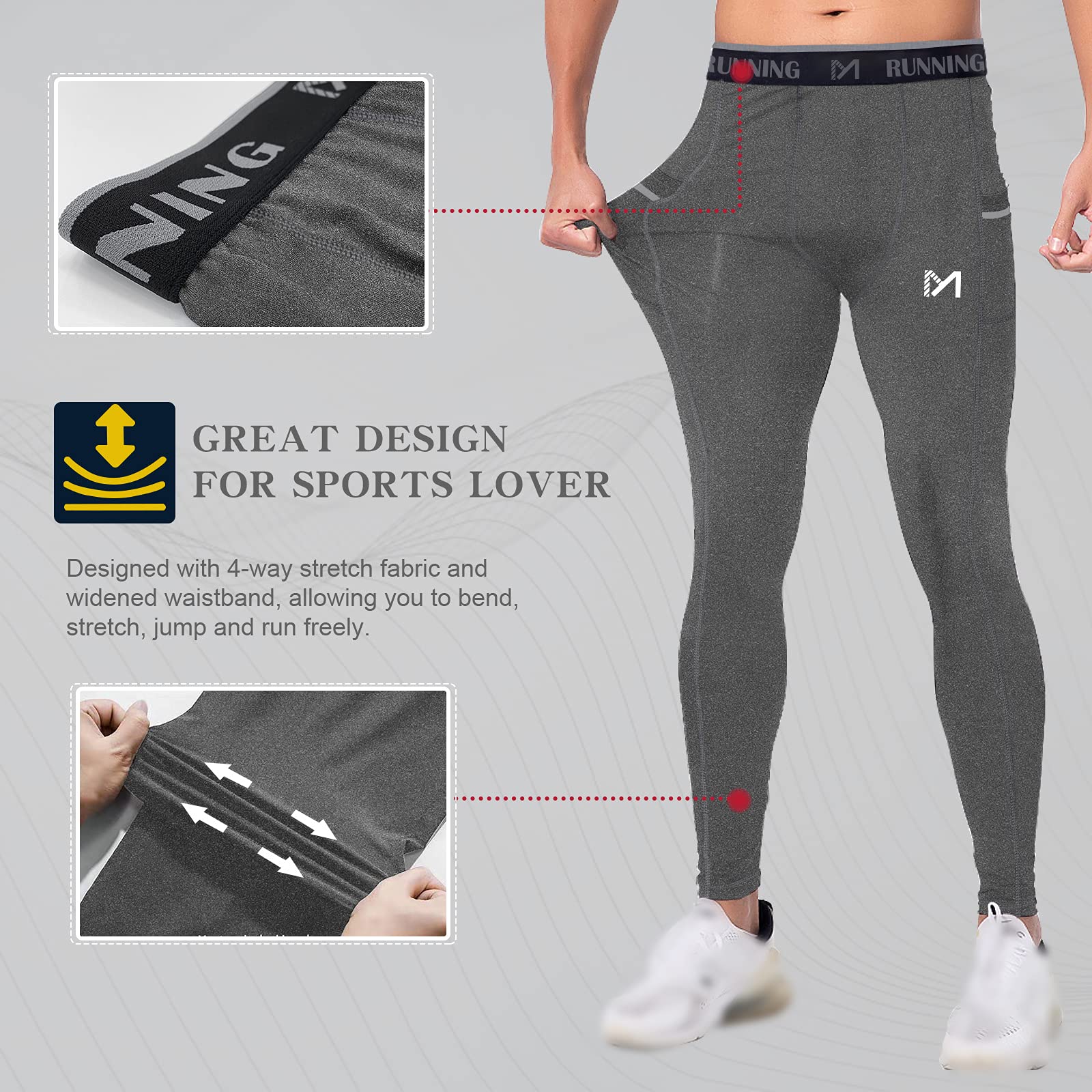 MEETYOO Men's Compression Pants with Pockets, Cool Dry Long Base Layer Underwear, Sport Workout Running Leggings Gym Tights