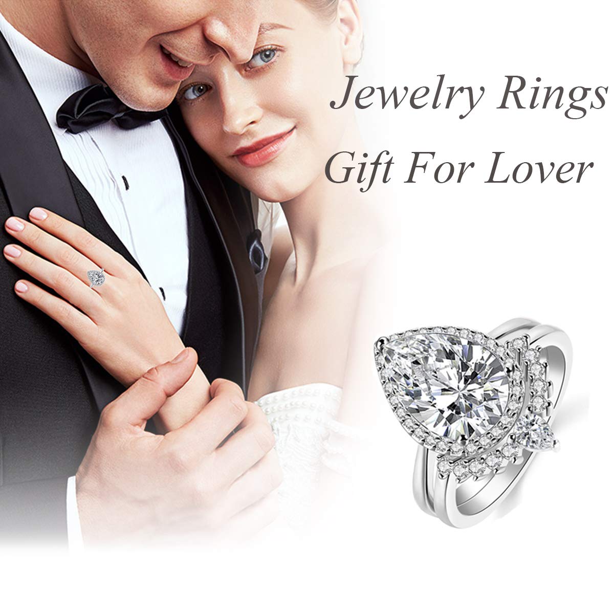LAZLUVU 4.85 Carat Teardrop Cubic Zirconia Rings Set Wedding Engagement Promise White Gold Stackable Ring for Women Mothers Rings Gift Size 5