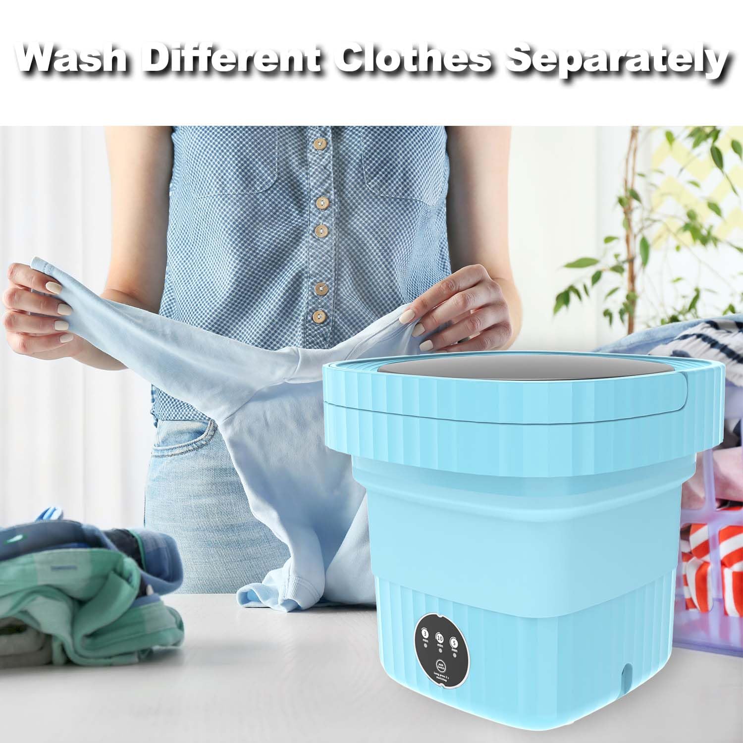 YLTIMER Portable Washing Machine, 8L Small Foldable Washing Machine with Spin,Collapsible Mini Washer and Dryer for Travel, Apartment, Socks, Underwear (Blue)