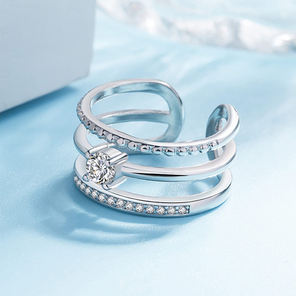 MYLYAHY S925 Sterling Silver 3 Row Lines Wide Bands Ring for Women,Adjustable Forefinger Thumb Finger Midi Knuckle Ring (Ring_B, Adjustable)